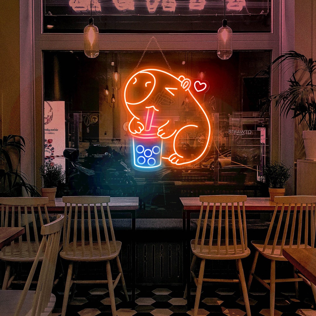 But First Boba Tea Sign, Cappy Neon Light, Cute Capybara Neon Sign ...