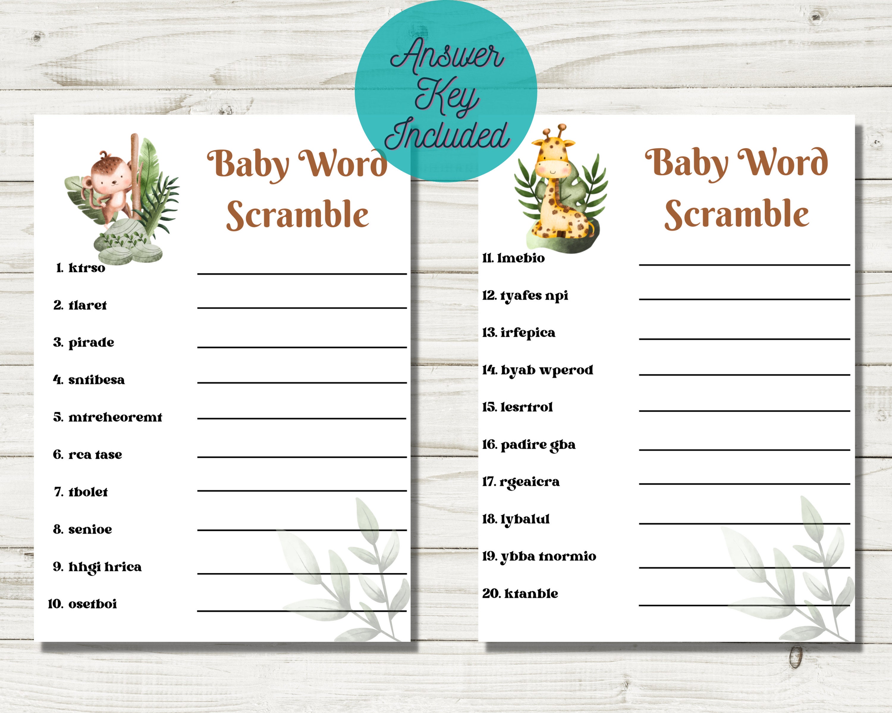 Safari Animal Baby Shower, Baby Shower Word Scramble, Safari Baby ...