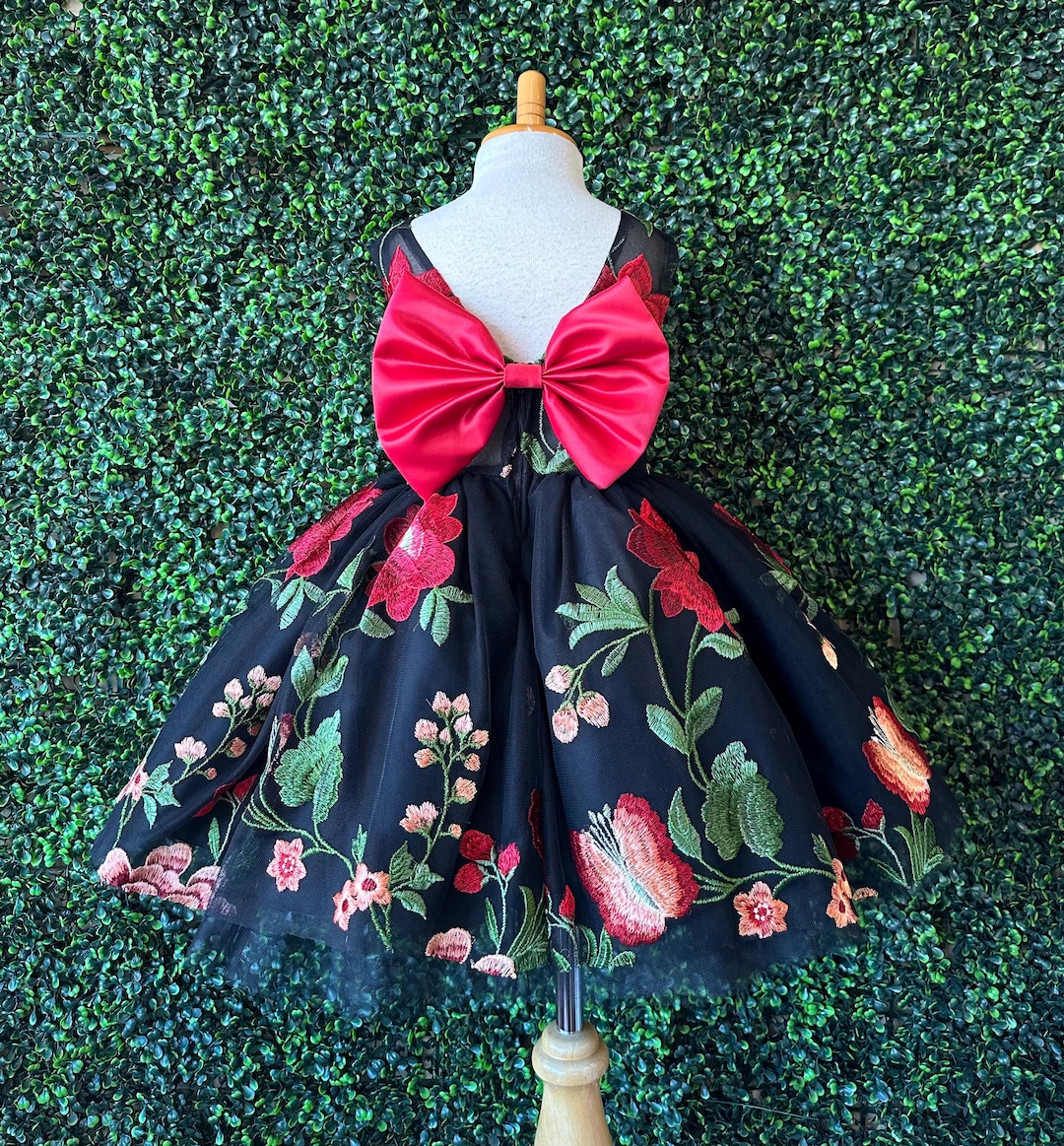 Red Floral Embroidery Black Tulle Toddler Junior Knee Length V-back Cap ...