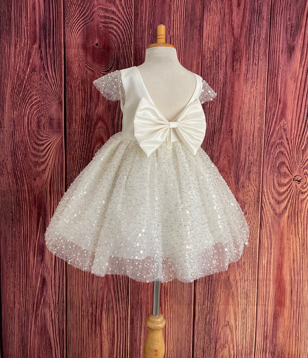 Ivory Sequin Pearl Tulle V-back Cap Sleeve Knee Length Flower Girl ...