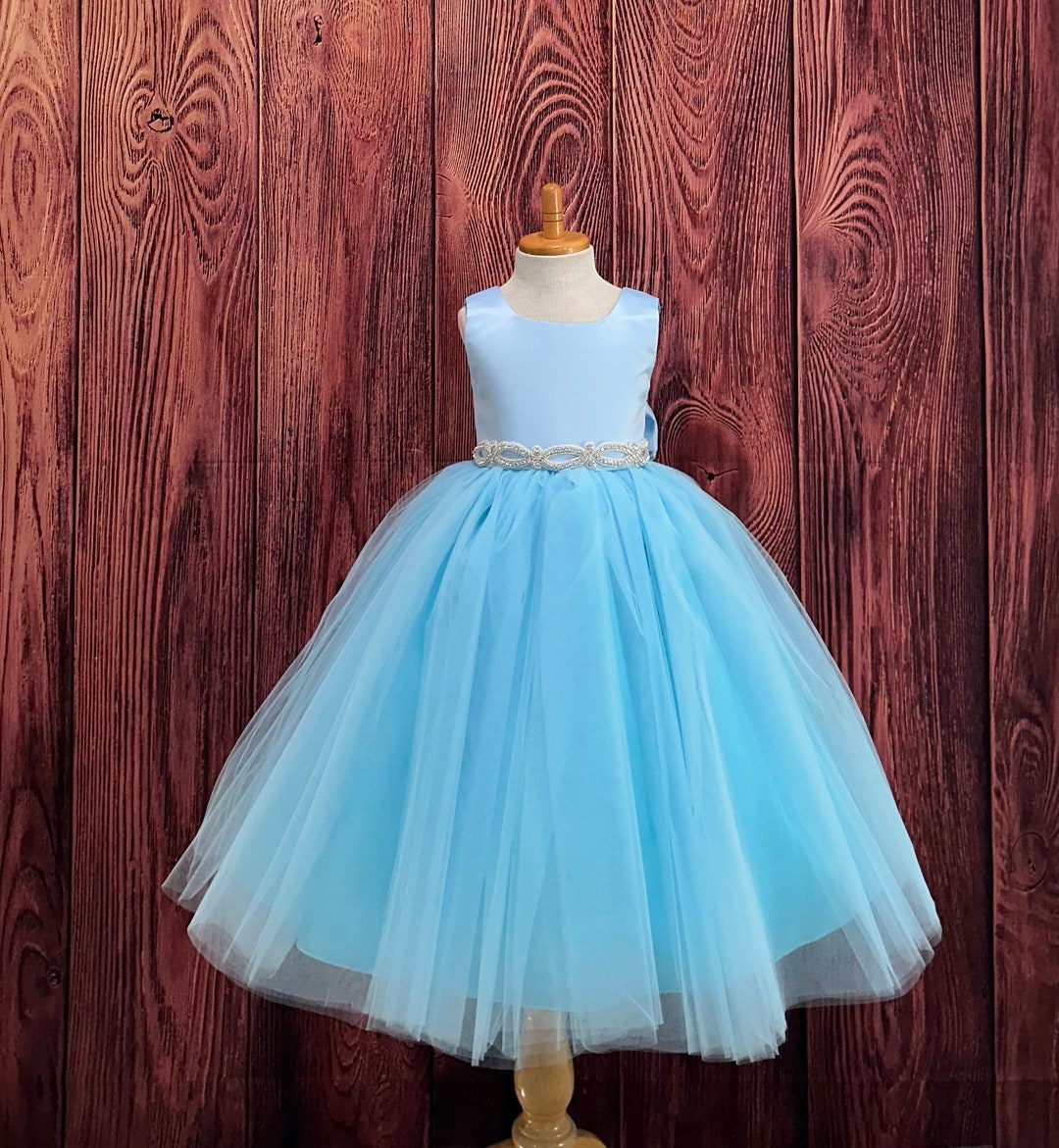 Baby Blue Elegant Princess 4 Layer Tulle Big Bow Rhinestone Flower Girl ...