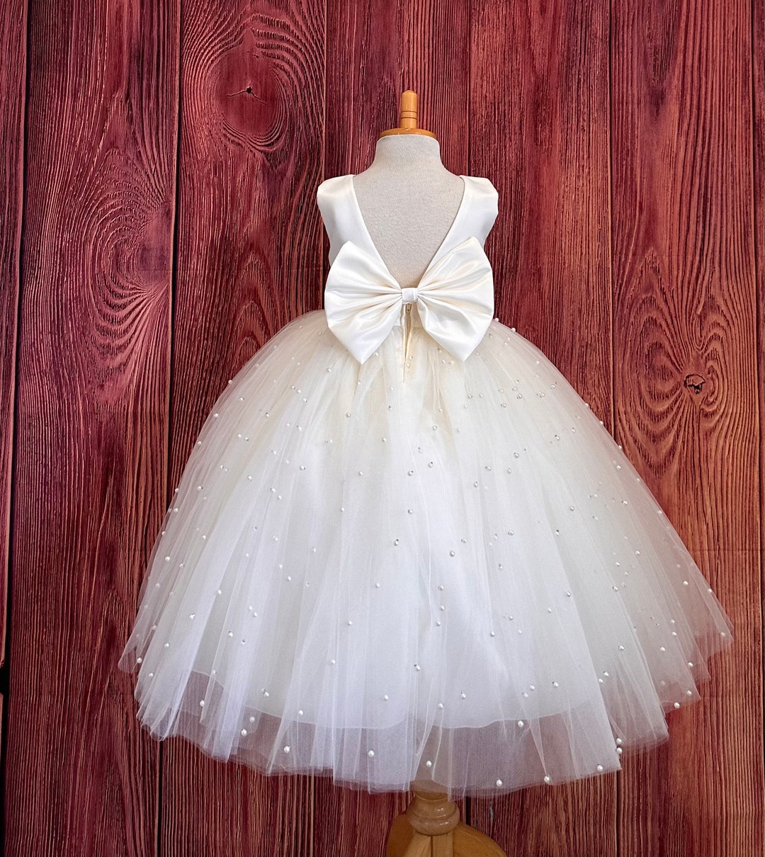 Ivory 4 Layer Pearl Tulle V-back Ankle Length Wedding Flower Girl ...