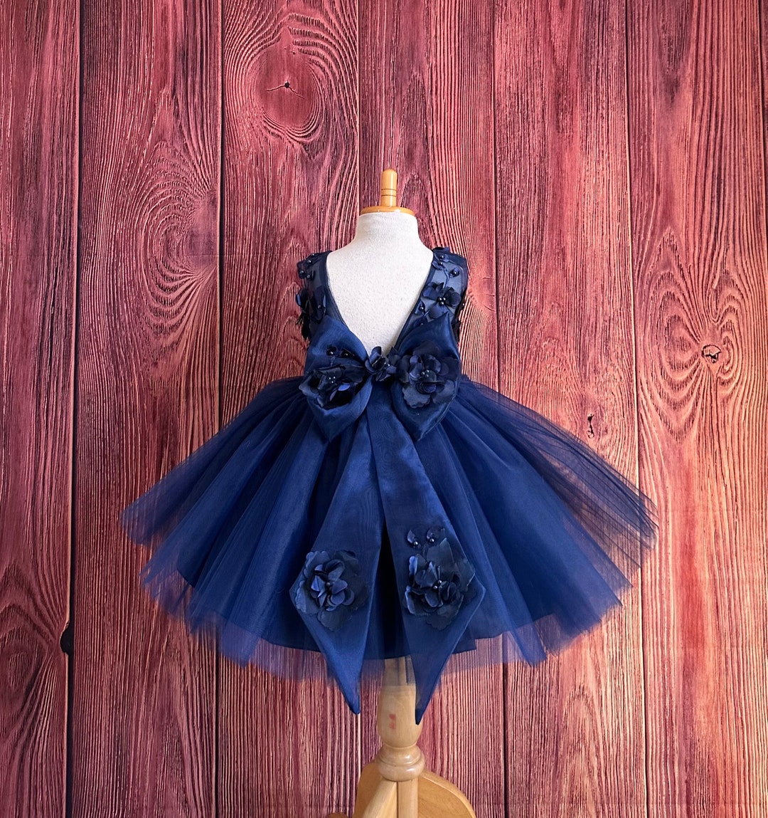 Navy Blue 3D Floral V-back Knee Length 4 Layer Tulle Wedding Flower ...