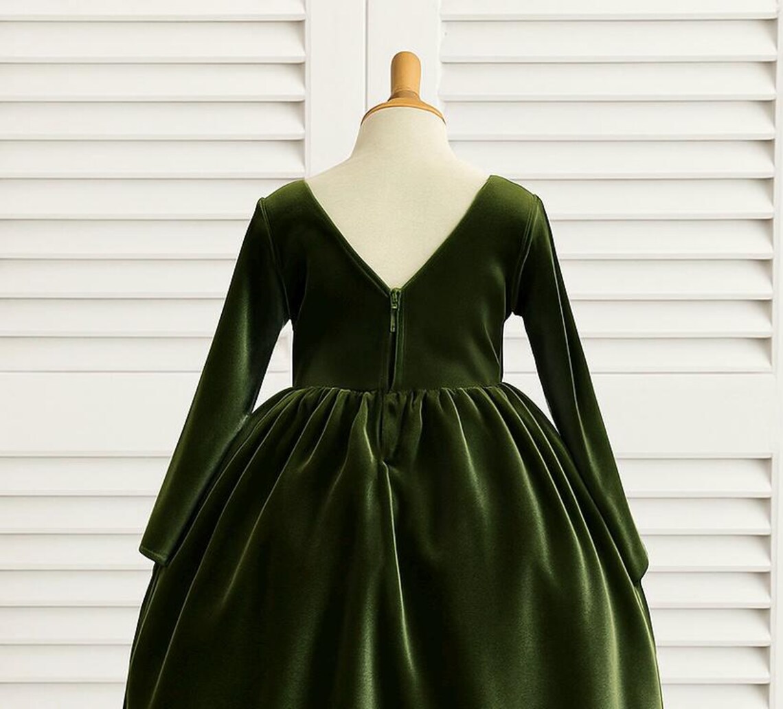 Olive Green Long Sleeve Velvet Christmas Fall Wedding Birthday Girl V ...