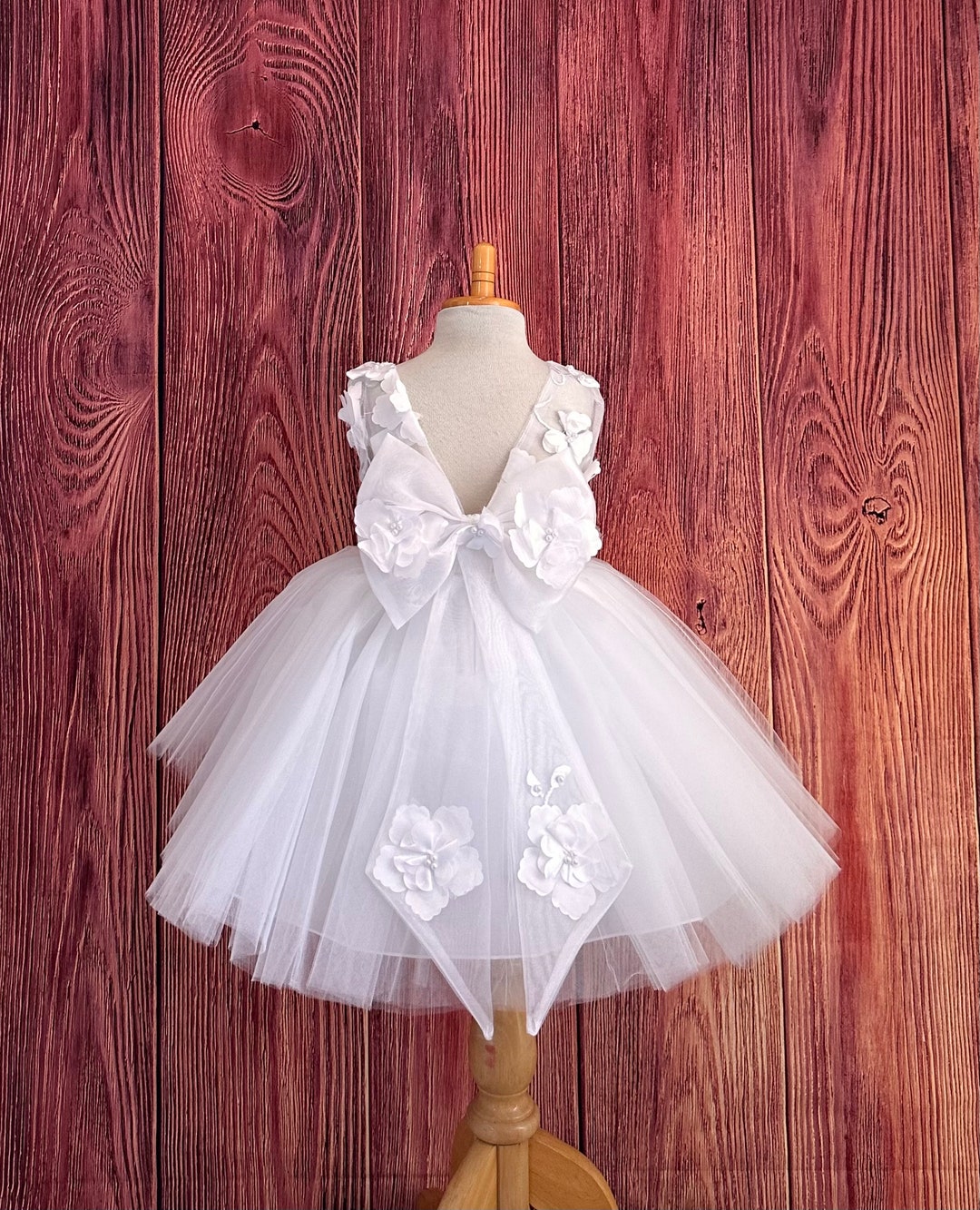 White 3D Floral V-back Knee Length 4 Layer Tulle Communion Baptism ...