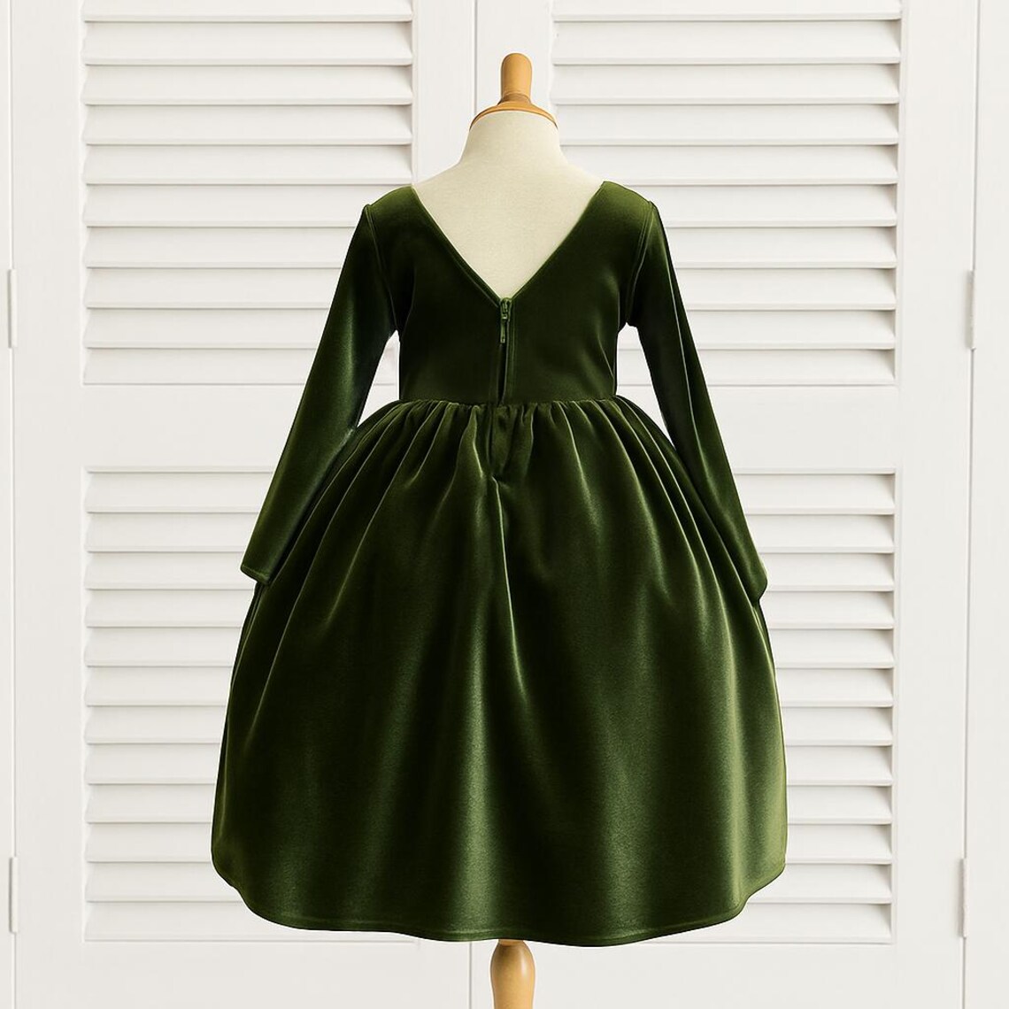 Olive Green Long Sleeve Velvet Christmas Fall Wedding Birthday Girl V ...