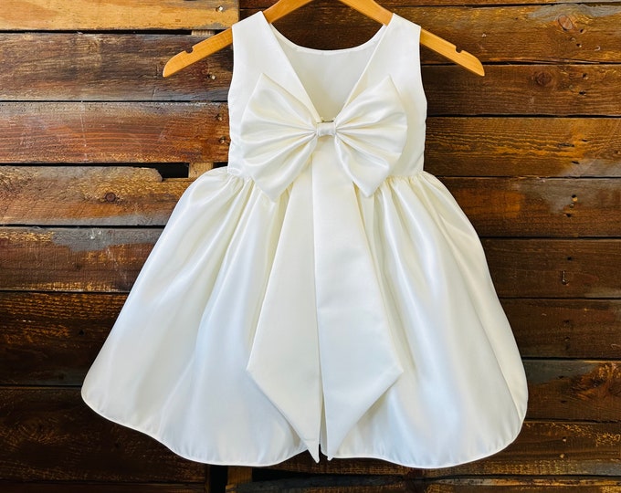 Satin Flower Girl Dress, Ivory V-back Knee Length Satin Big Bow, Girls ...