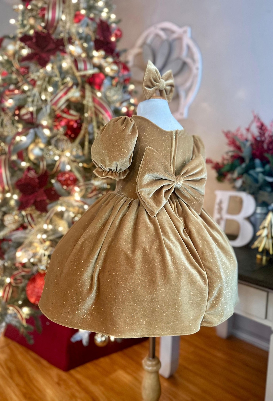 Gold Sparkly Velvet Wedding Elegant Flower Girl Christmas Winter ...