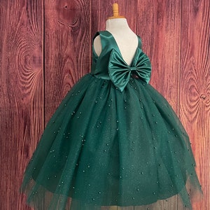 Hunter Green Pearl Tulle Ankle Length V-back Flower Girl Wedding Summer ...