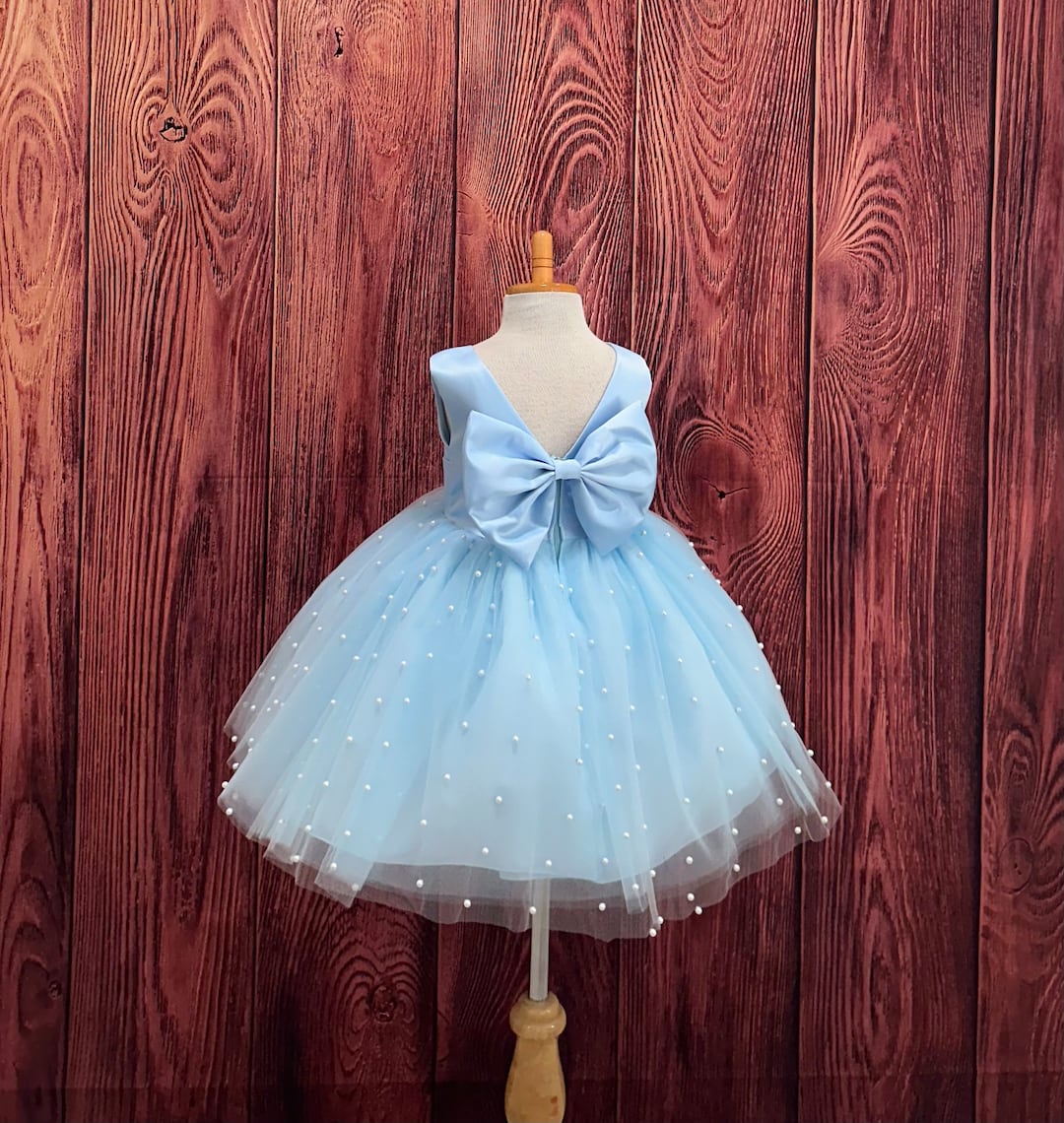 Baby Blue Elegant White Pearl Tulle Wedding Flower Girl Knee Length V-back Bow Princess Trendy ...