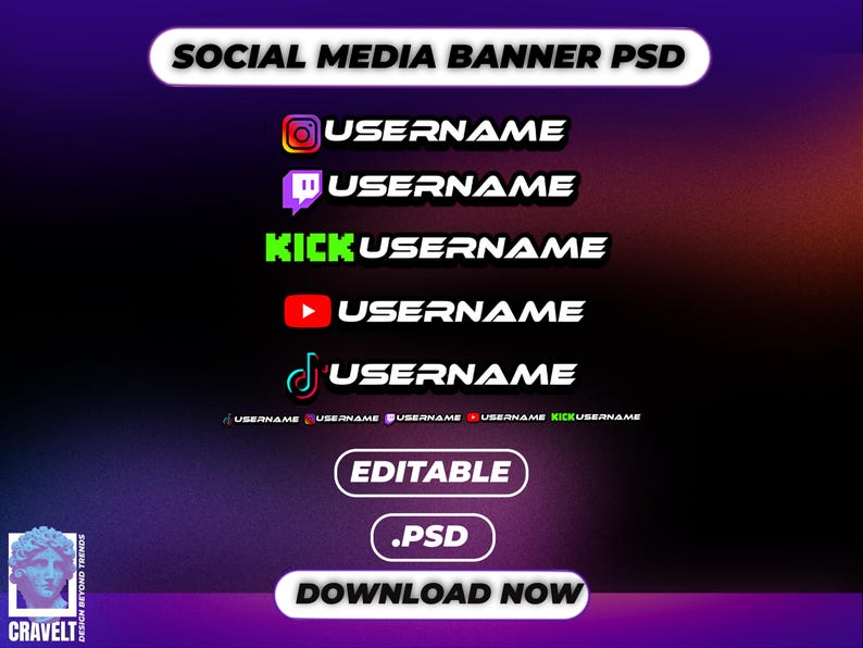 Custom Editable PSD Stream Username Banner Template for Twitch Kick ...