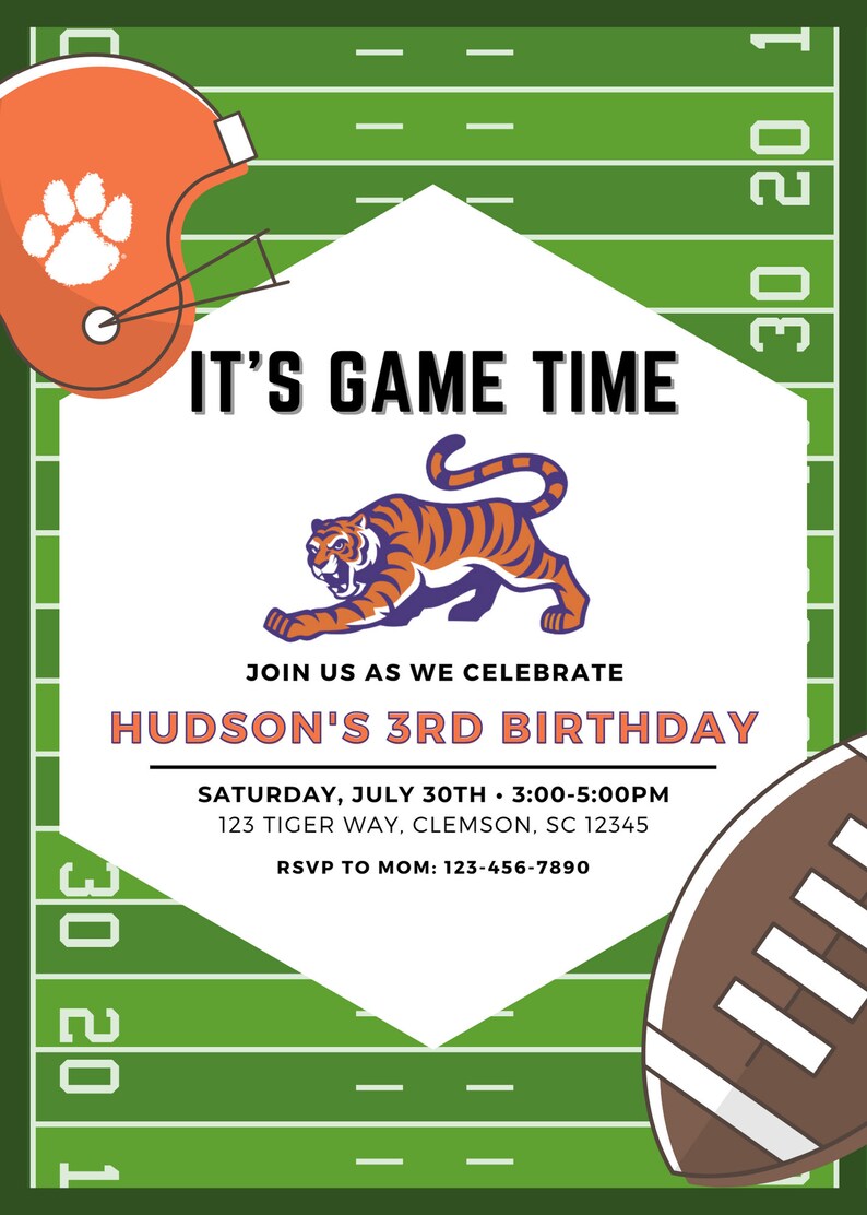 Football Birthday Invitation Clemson University Clemson - Etsy