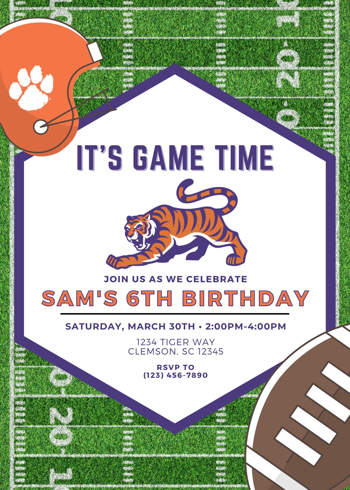 Football Birthday Invitation, Clemson University, Clemson Tigers ...