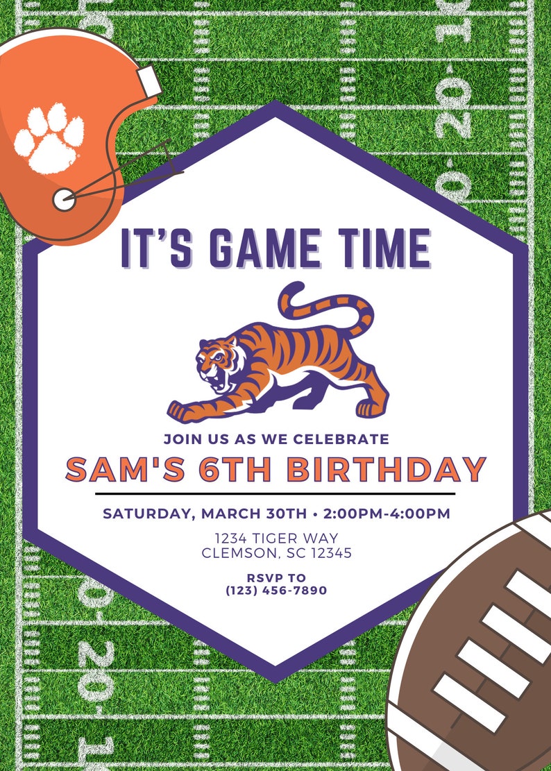 Football Birthday Invitation, Clemson University, Clemson Tigers ...