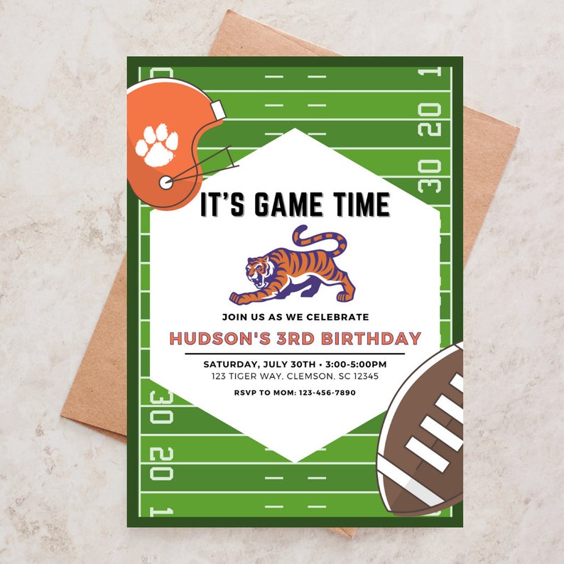 Football Birthday Invitation Clemson University Clemson - Etsy
