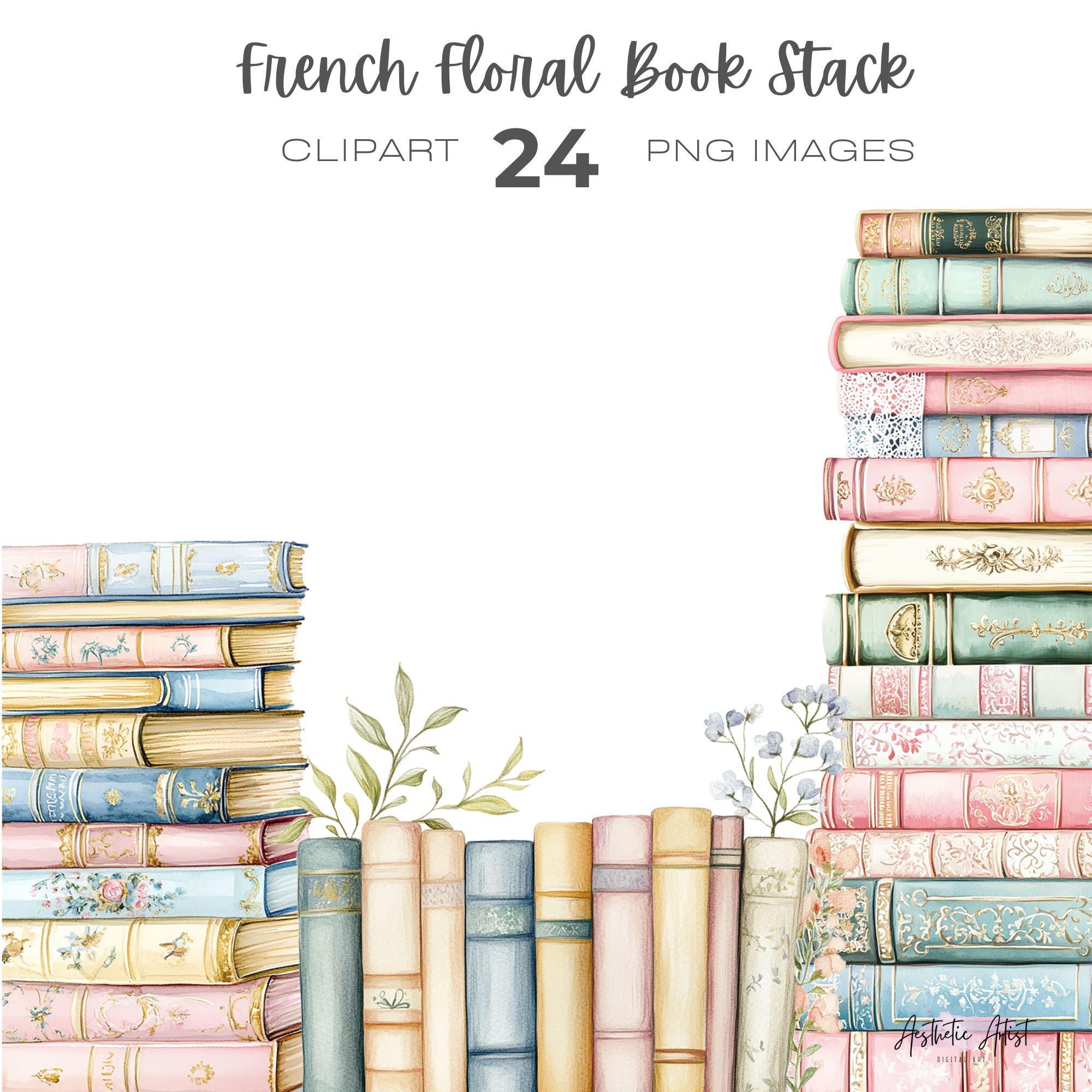 Watercolour French Floral Stack of Books Clipart Bundle, Library, Book ...