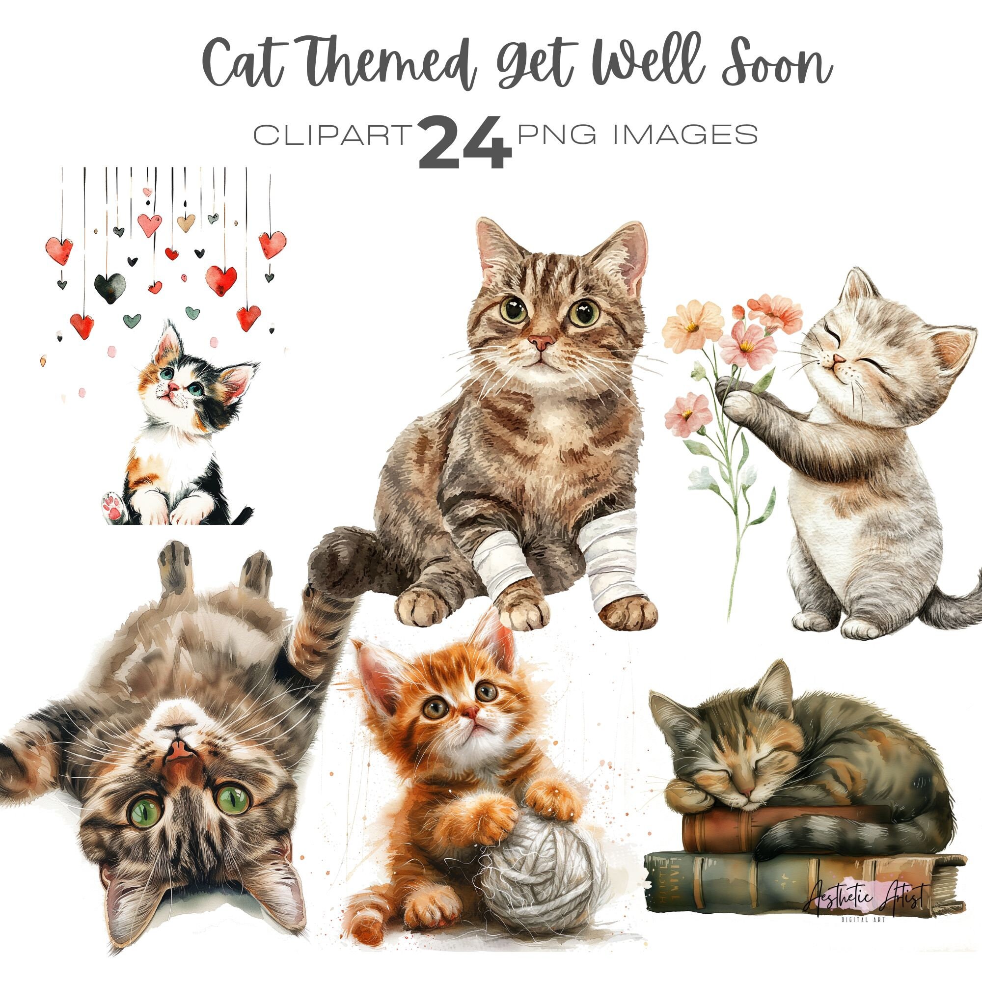 Watercolour Cat Themed Get Well Soon Clipart, Graphics for Cat Lovers ...