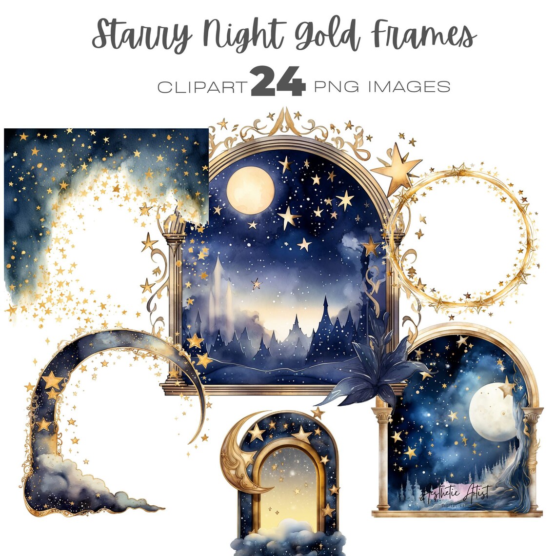 Starry Night Gold Frames Clipart, Celestial Png, Magic Clip Art ...