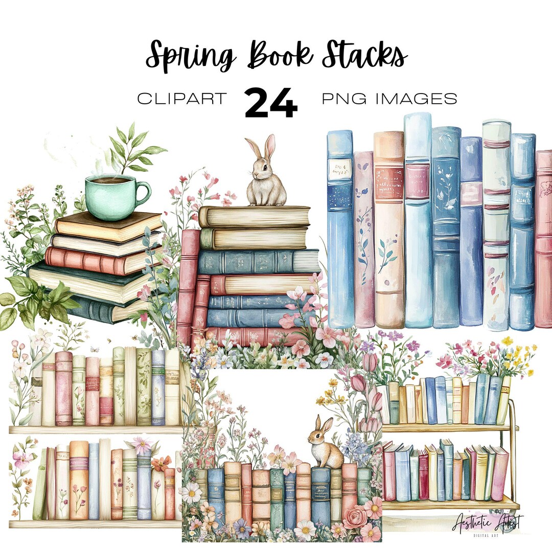 Watercolour Spring Stack of Books Clipart Bundle, Library, Book Stack ...