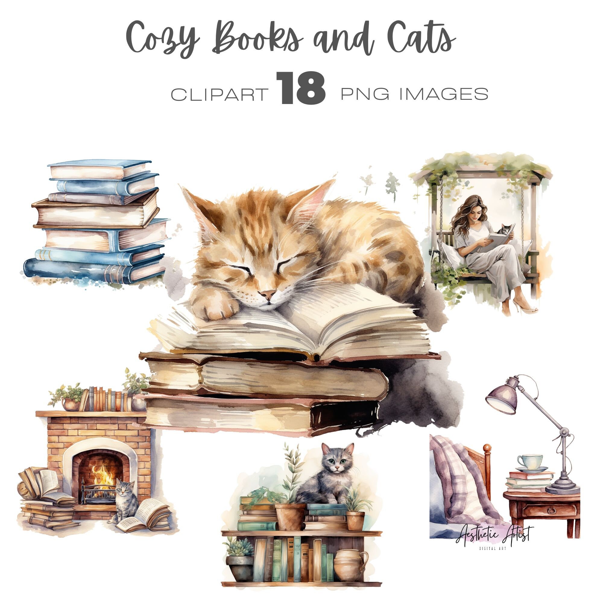 Watercolour Cozy Cats With Books Clipart, Graphics for Cat Lovers Gift ...