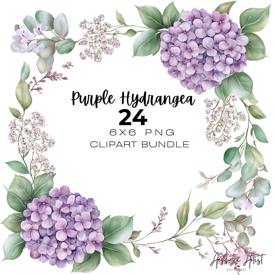 Watercolour Purple Hydrangea Clipart Bundle, Wedding, Boho Floral ...