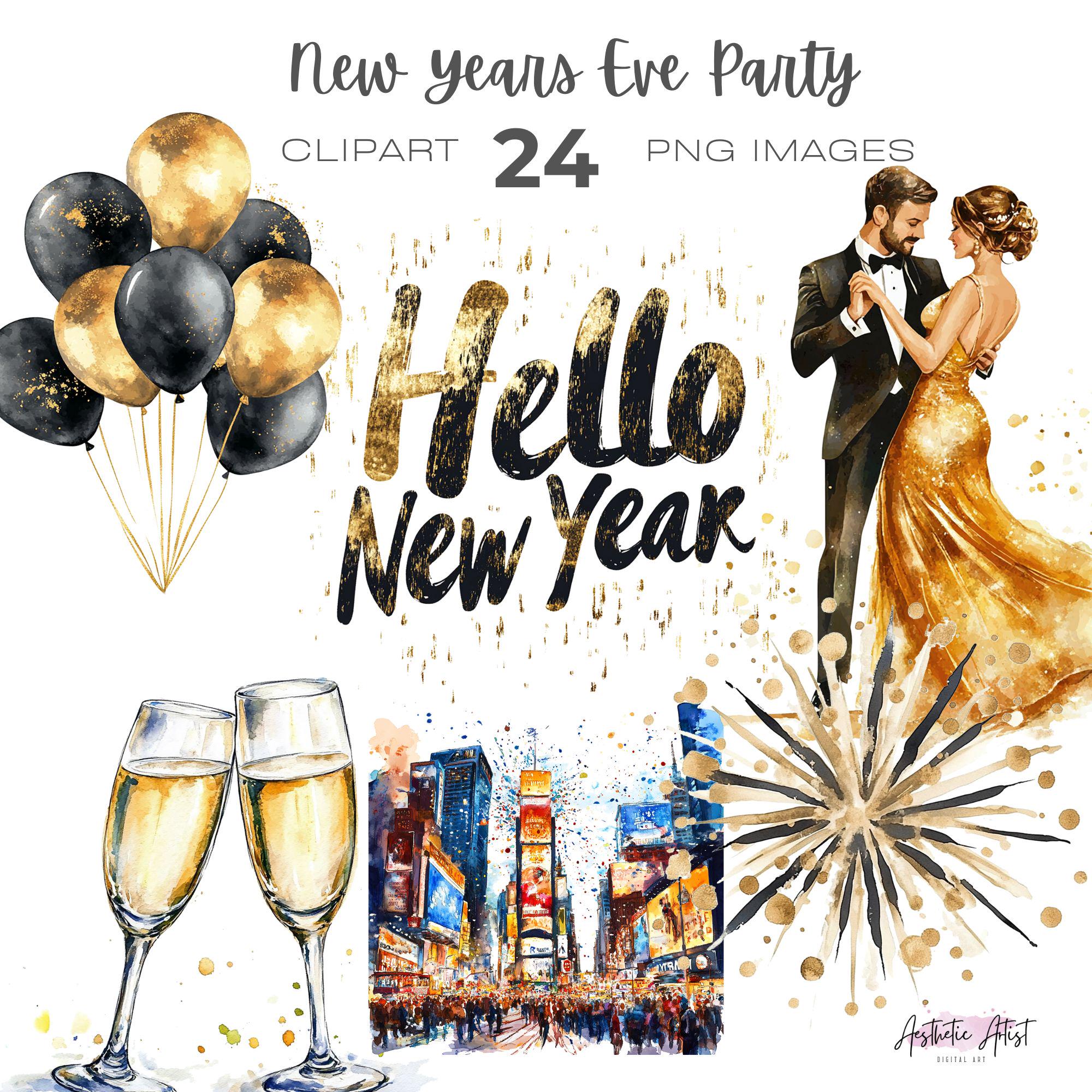 New Years Eve Clipart, Black and Gold Party Clipart, Happy New Year ...