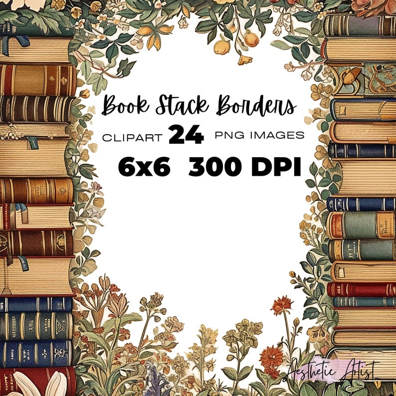 Watercolour Stack of Books Clipart Bundle, Library, Book Stack Border ...