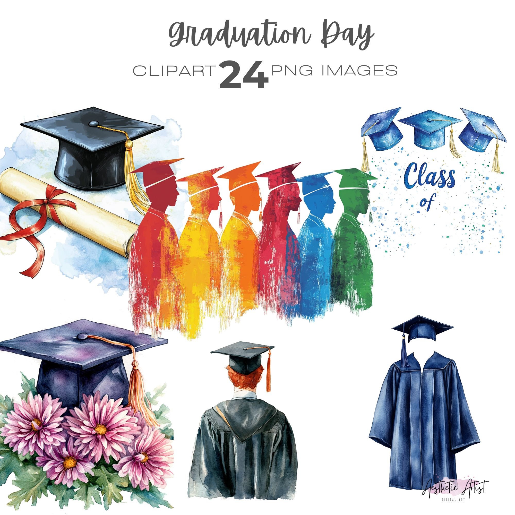 Watercolour Graduation Day Clipart Bundle, High School, Graduate ...