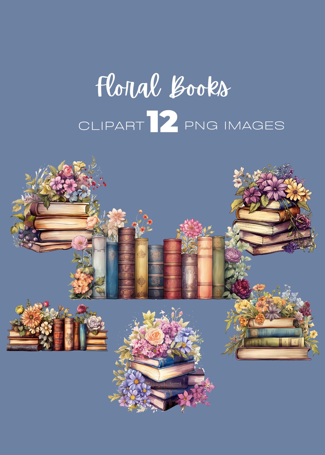 Watercolour Floral Stack of Books Clipart Bundle, Library, Book Stack ...