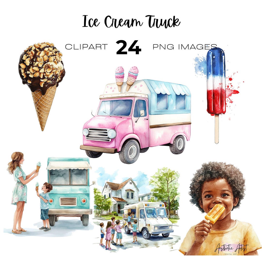 Ice Cream Truck Clipart, Summer Png, Ice Cream Man Clip Art, Watercolor ...