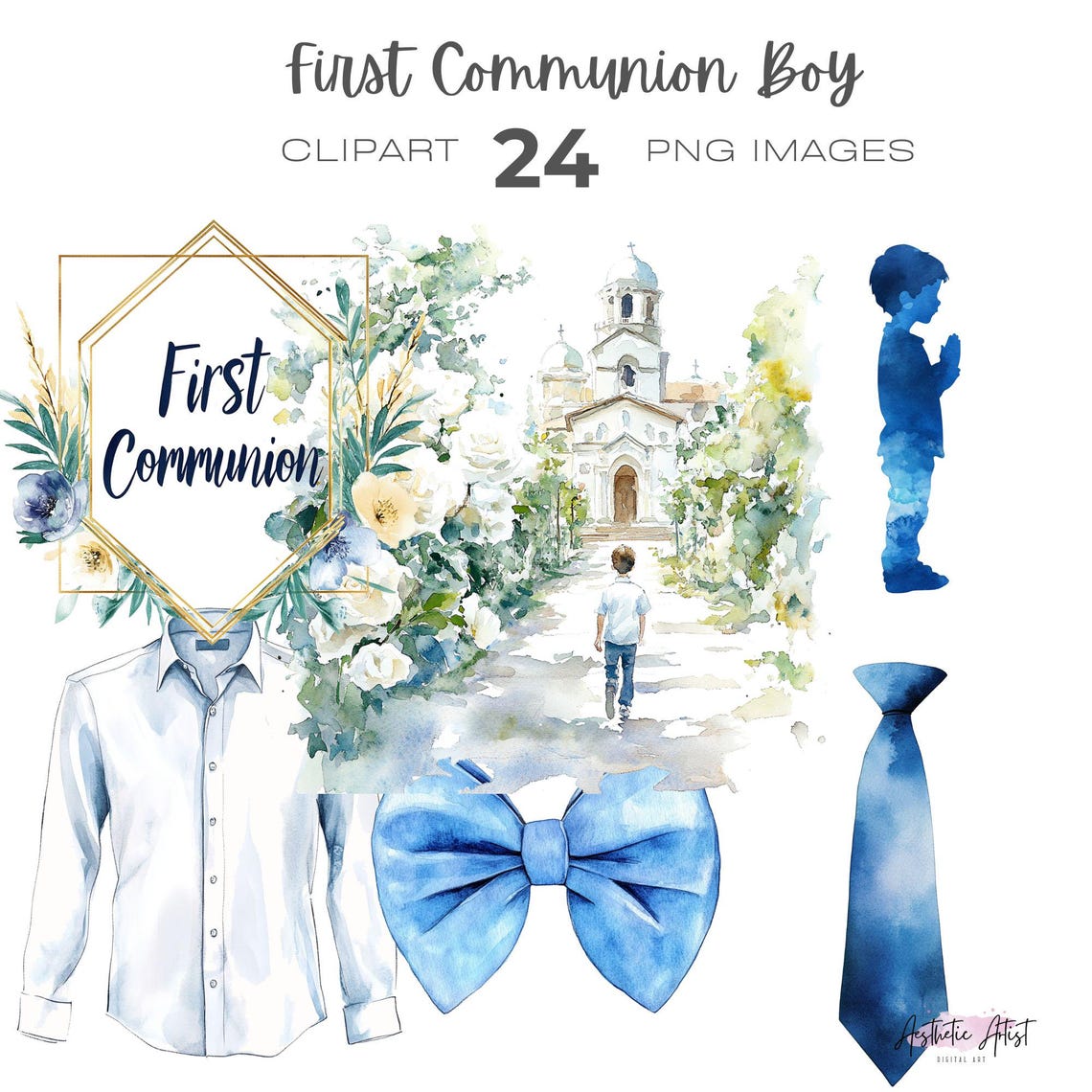 Watercolour Boy First Communion Clipart, Religious, Green Blue First ...