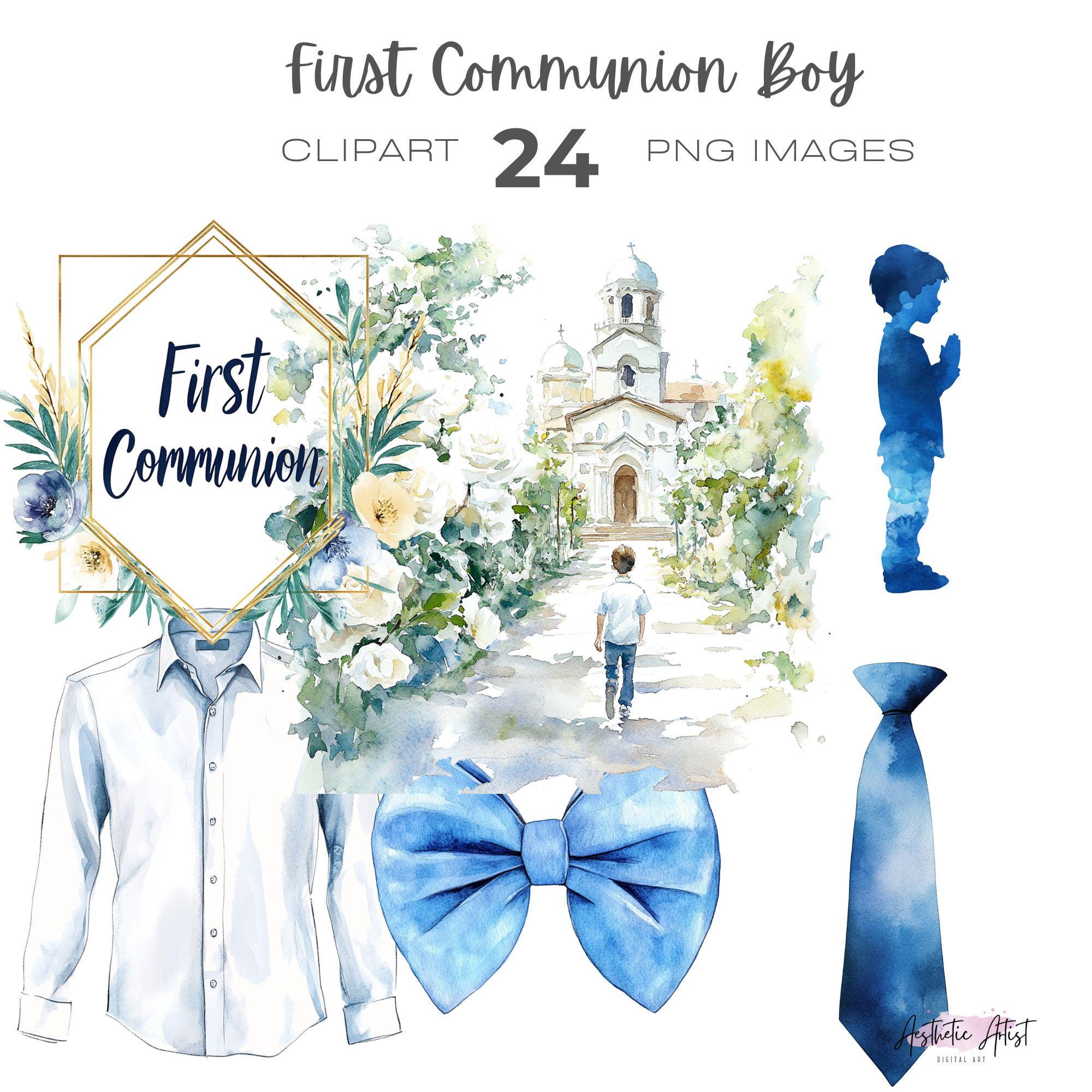Watercolour Boy First Communion Clipart, Religious, Green Blue First ...