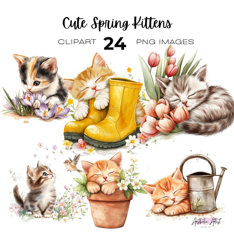 Watercolour Cute Spring Kittens Clipart, Graphics for Kitten Lovers ...