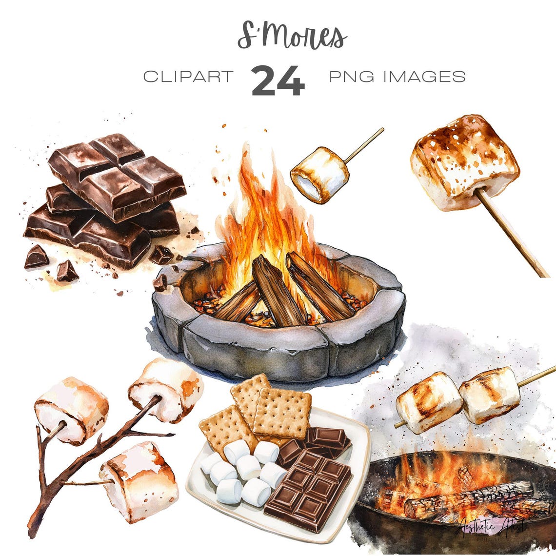 Watercolour S'mores Clipart Bundle, Glamping, Bonfire Clipart, Summer ...