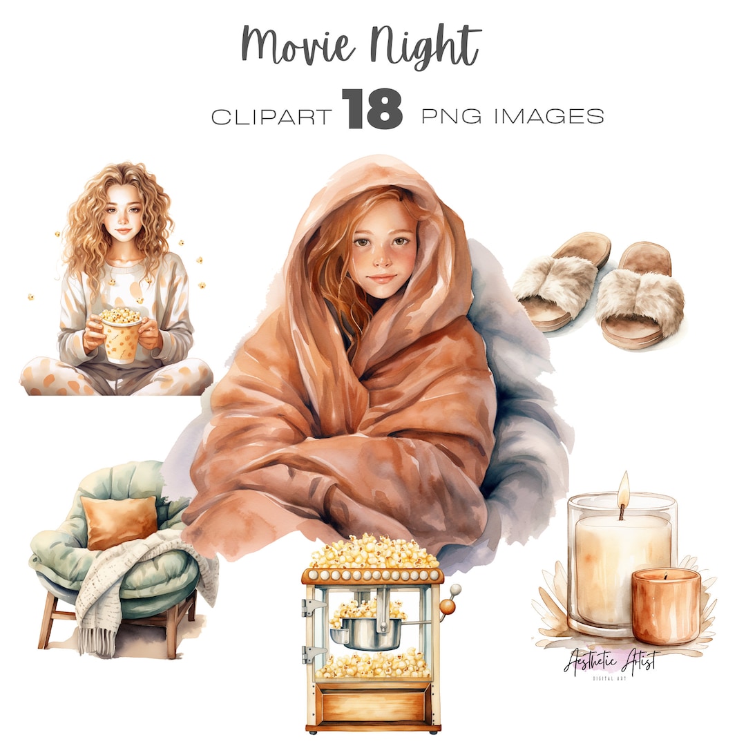 Watercolor Movie Night Clipart Bundle, Romantic Cottagecore Clip Art ...