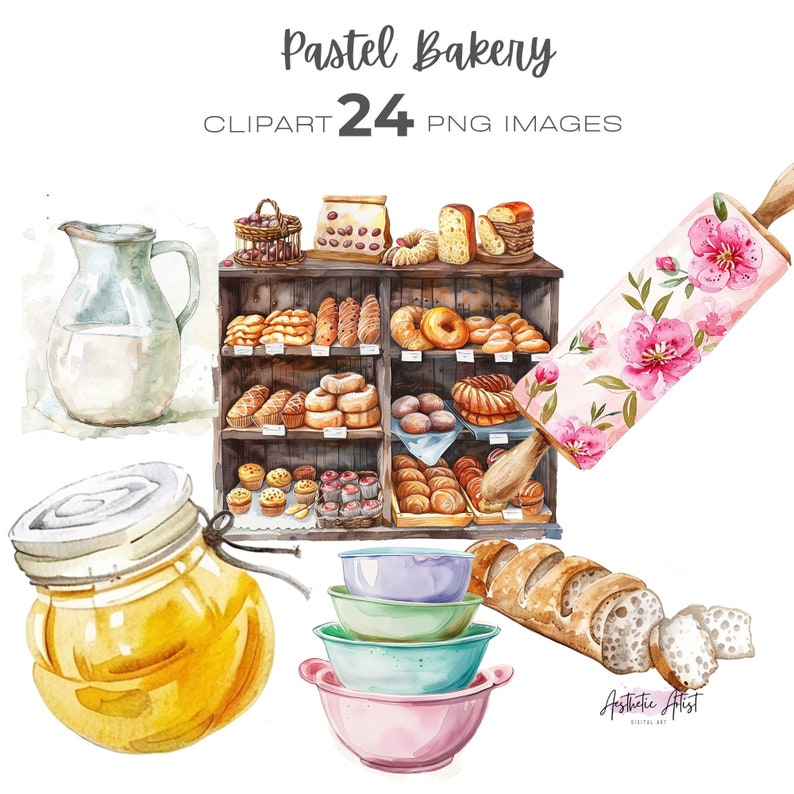 Watercolour Pastel Bakery Clipart, Breadmaker Graphics, Pink Bakery Png ...