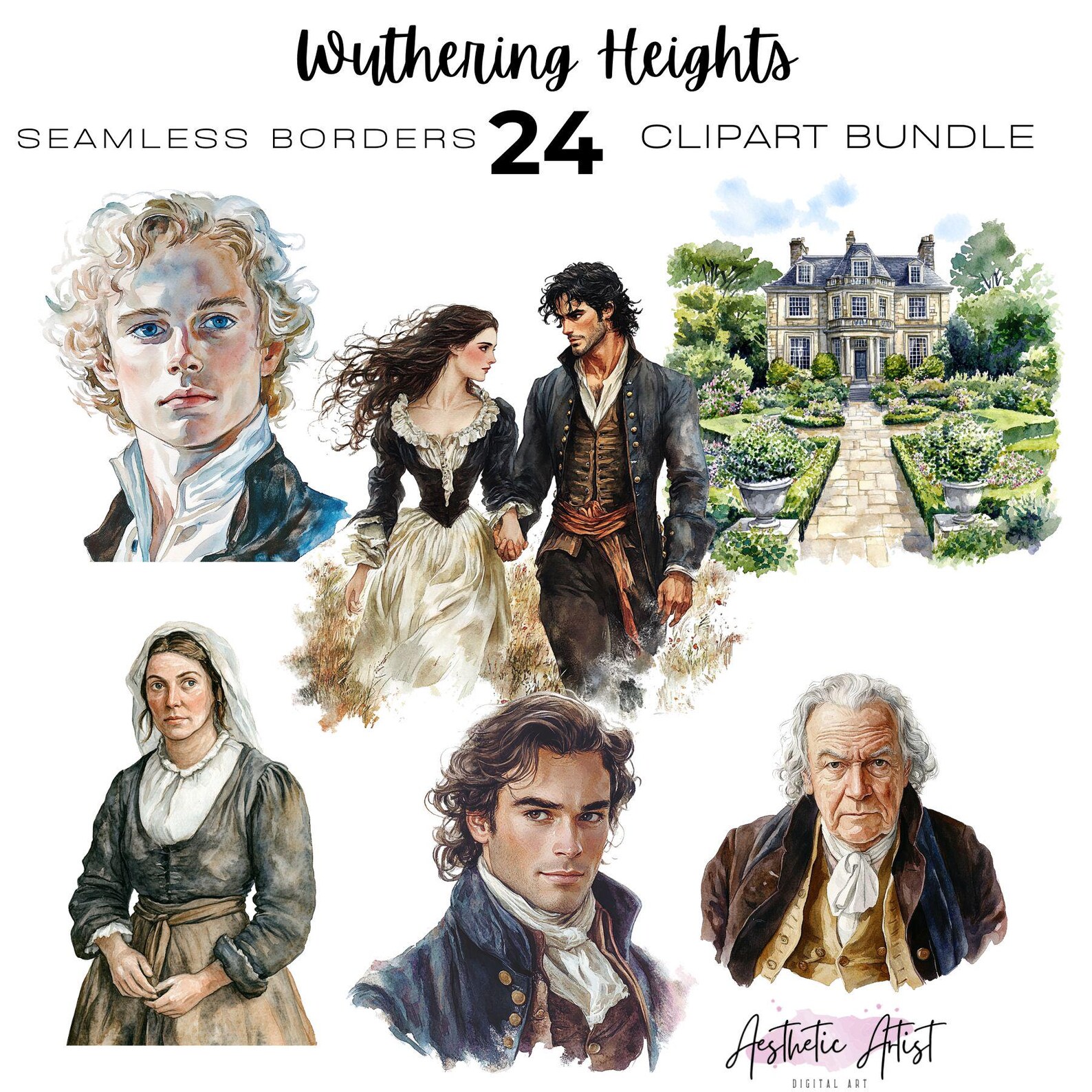 Watercolor Wuthering Heights Clipart, Classic Story, Catherine and ...