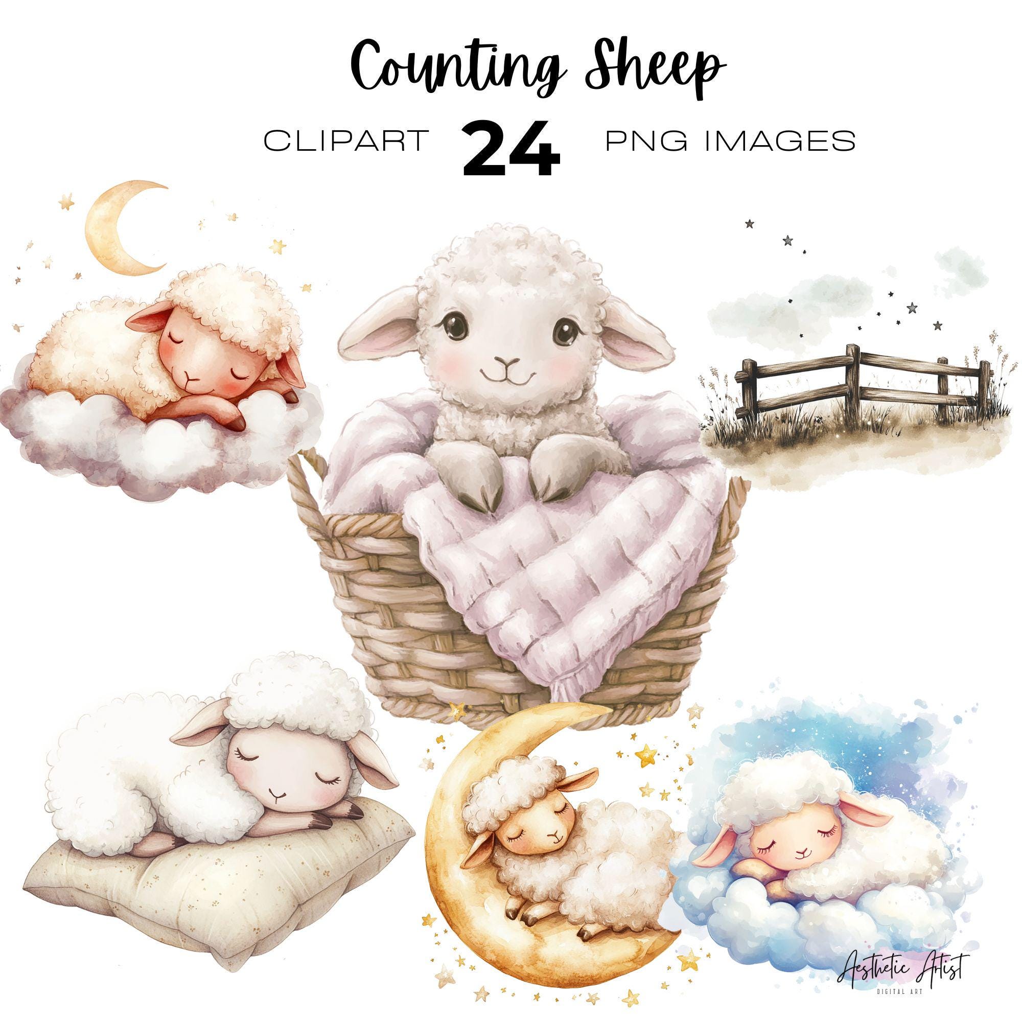 Watercolour Counting Sheep Clipart, Bedtime Png, First Birthday, Baby ...