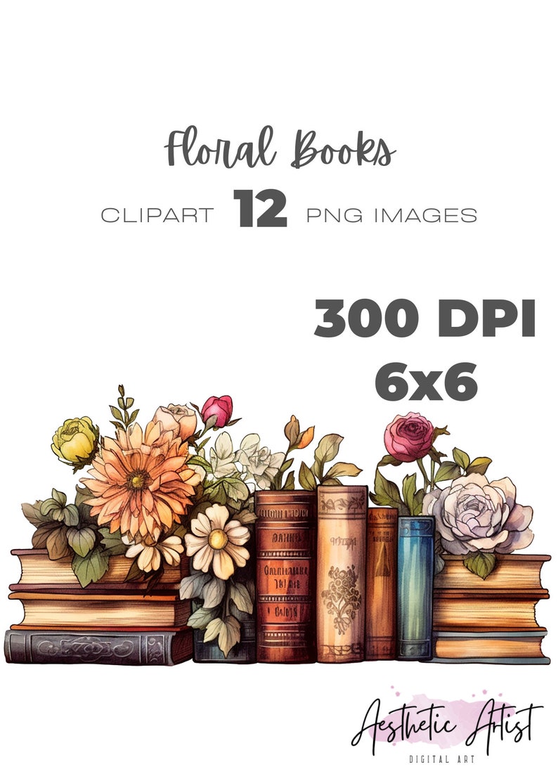 Watercolour Floral Stack of Books Clipart Bundle, Library, Book Stack ...