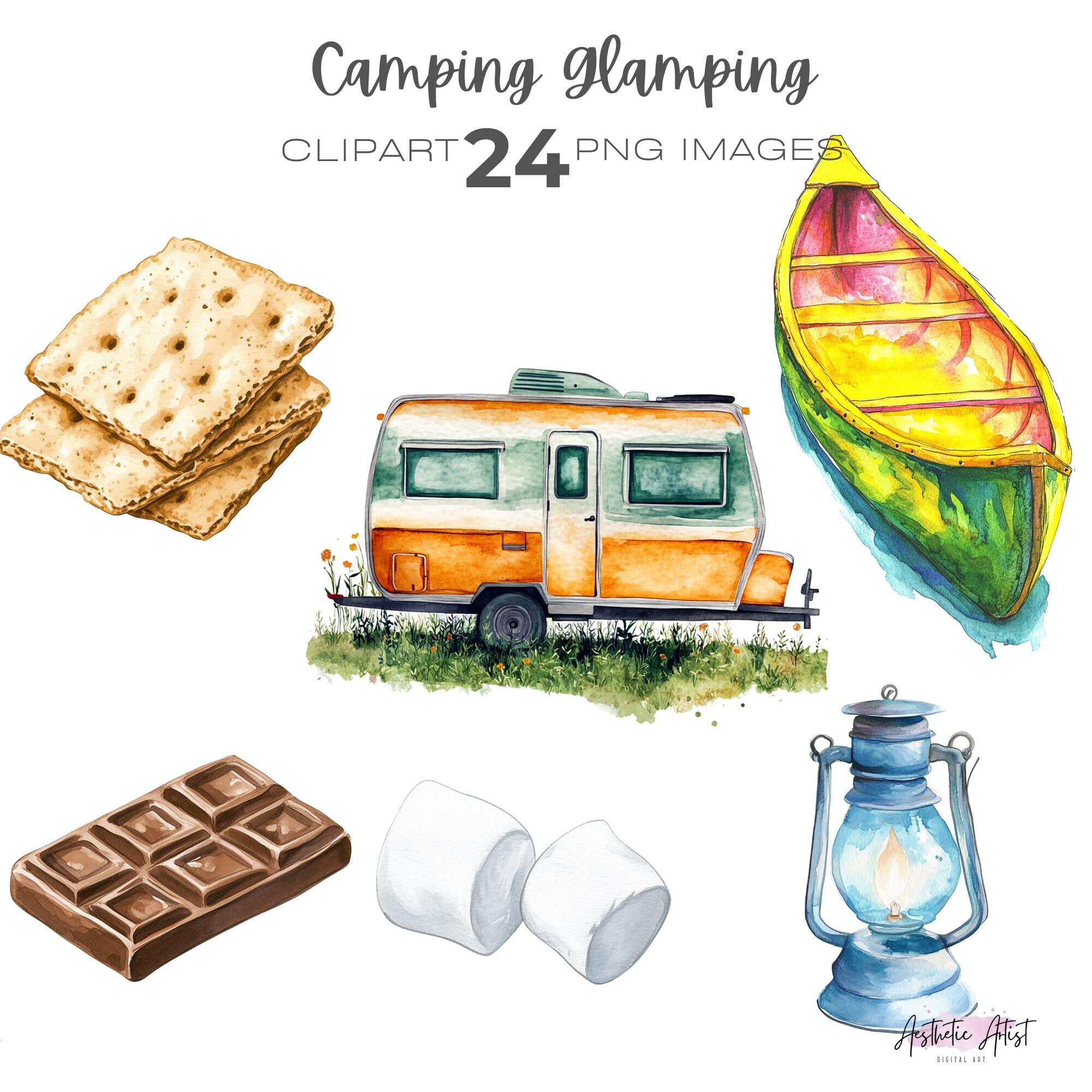 Watercolour Camping Clipart Bundle, Glamping, Camper RV Clipart, Tent ...