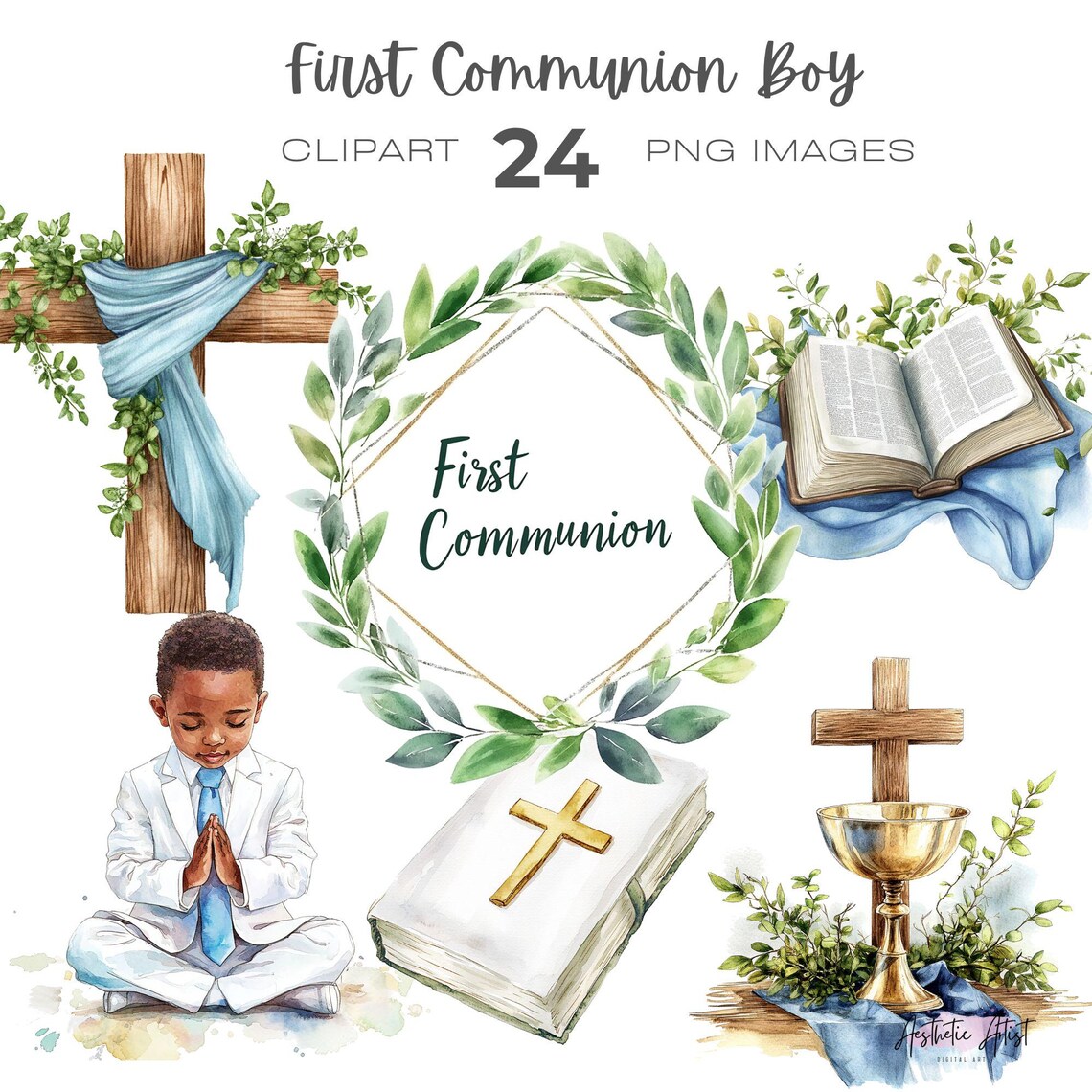 Watercolour Boy First Communion Clipart, Religious, Green Blue First ...