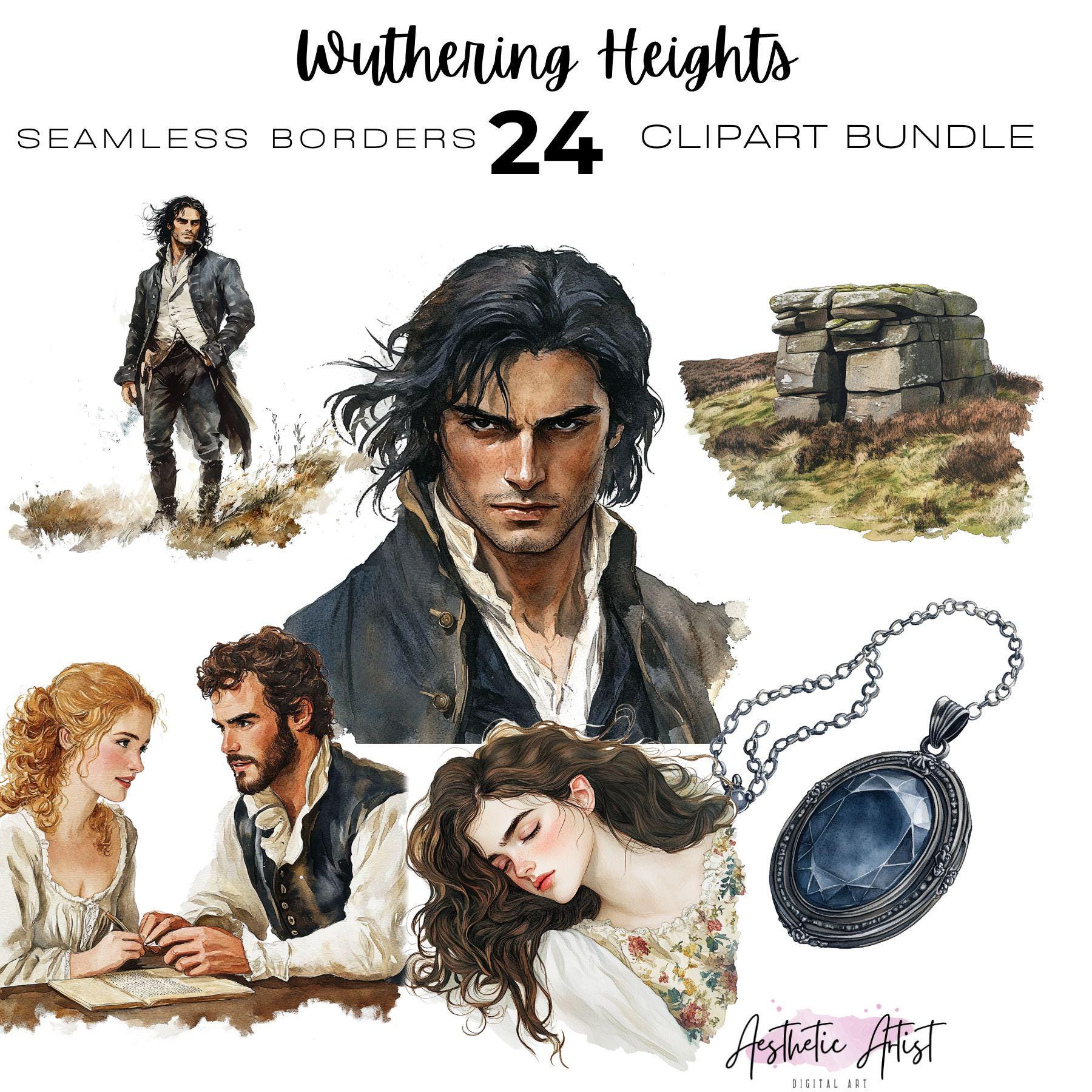 Watercolor Wuthering Heights Clipart, Classic Story, Catherine and ...