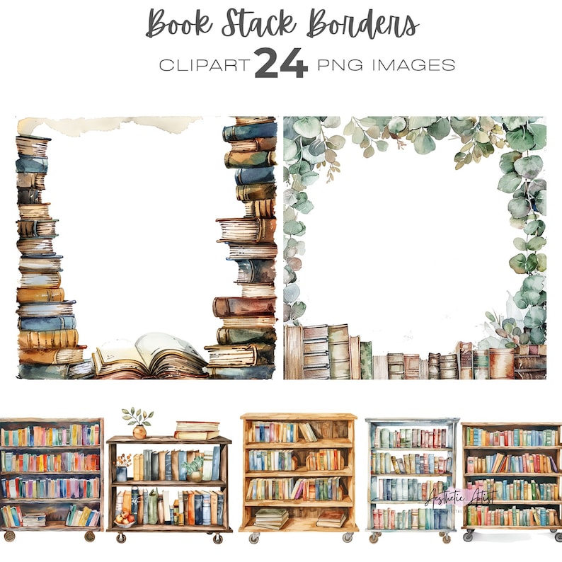 Watercolour Stack of Books Clipart Bundle, Library, Book Stack Border ...
