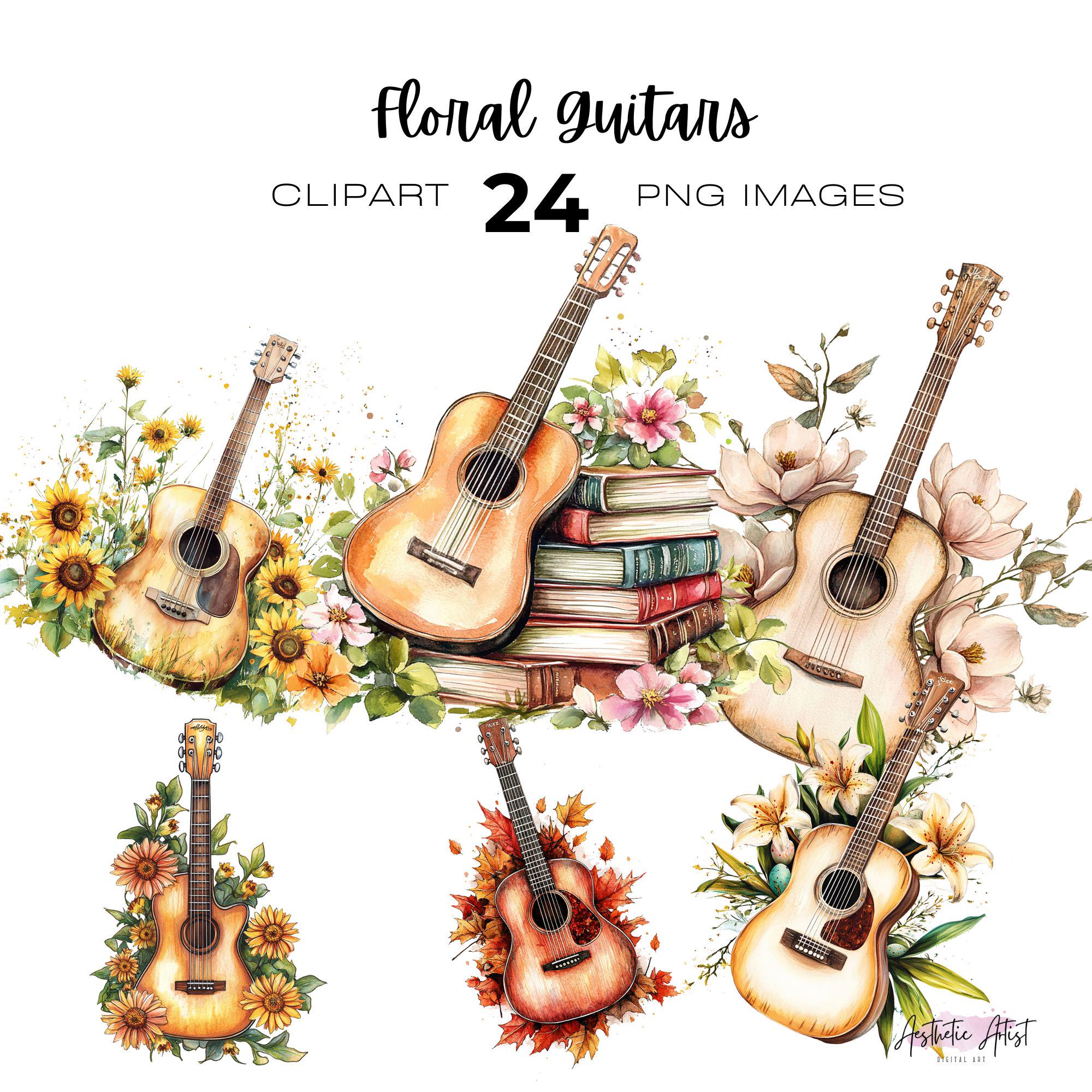 Watercolour Floral Guitar Clipart Bundle, Folk Guitar, Guitars With ...