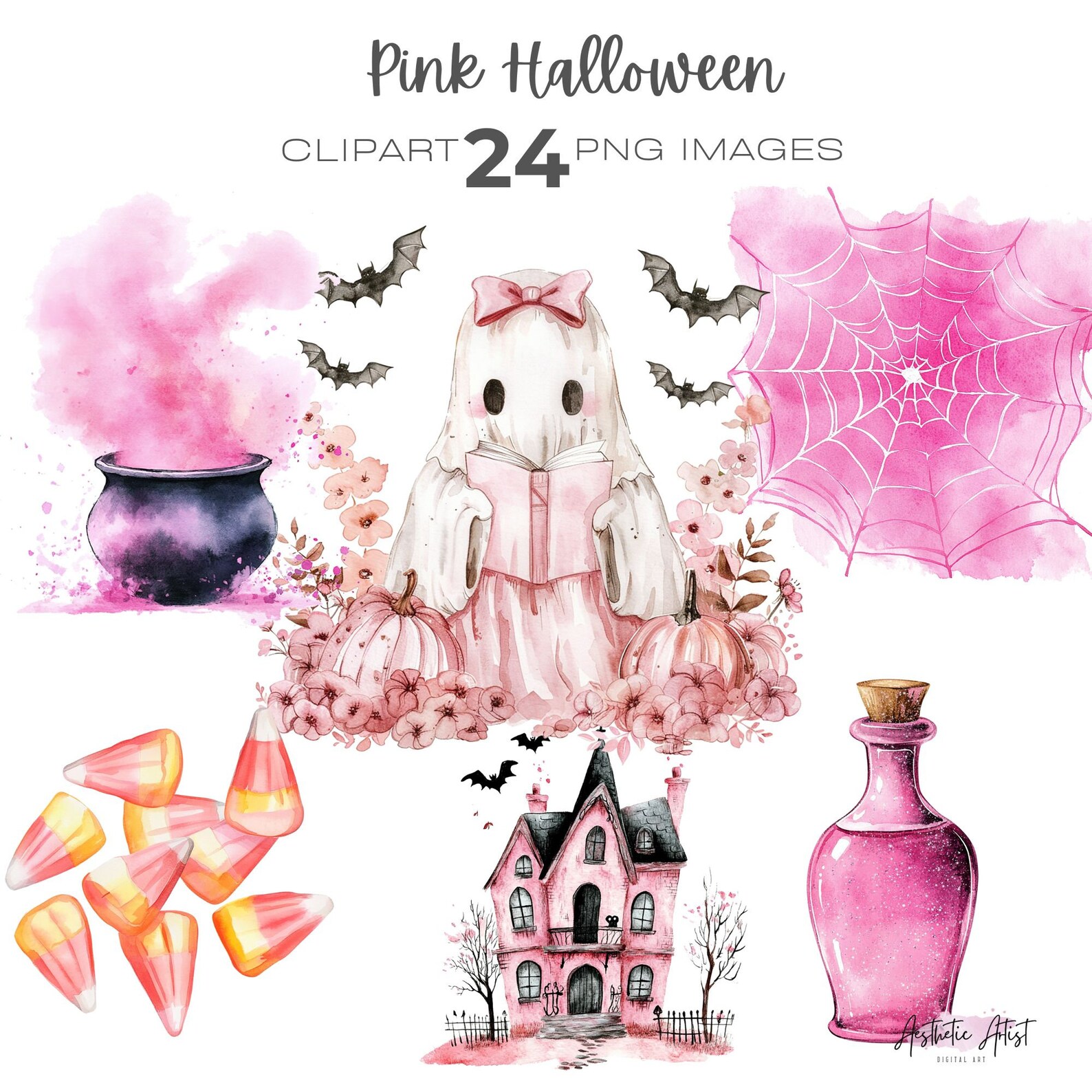 Pink Halloween Clipart, Spooky Png, Pastel Halloween Clip Art, Cute ...