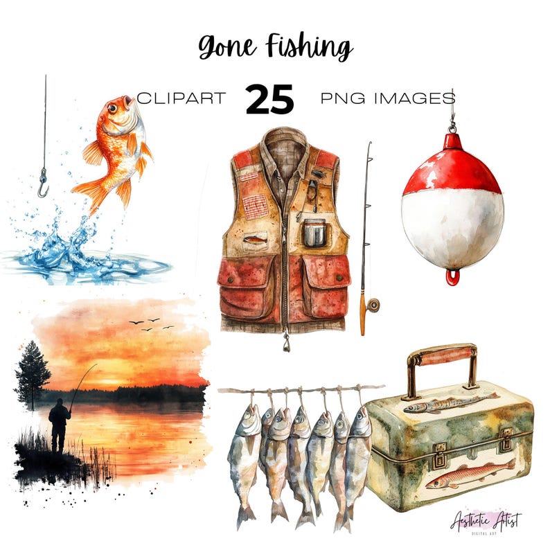 Watercolour Gone Fishing Clipart Bundle, Camping, Fisherman Clipart ...