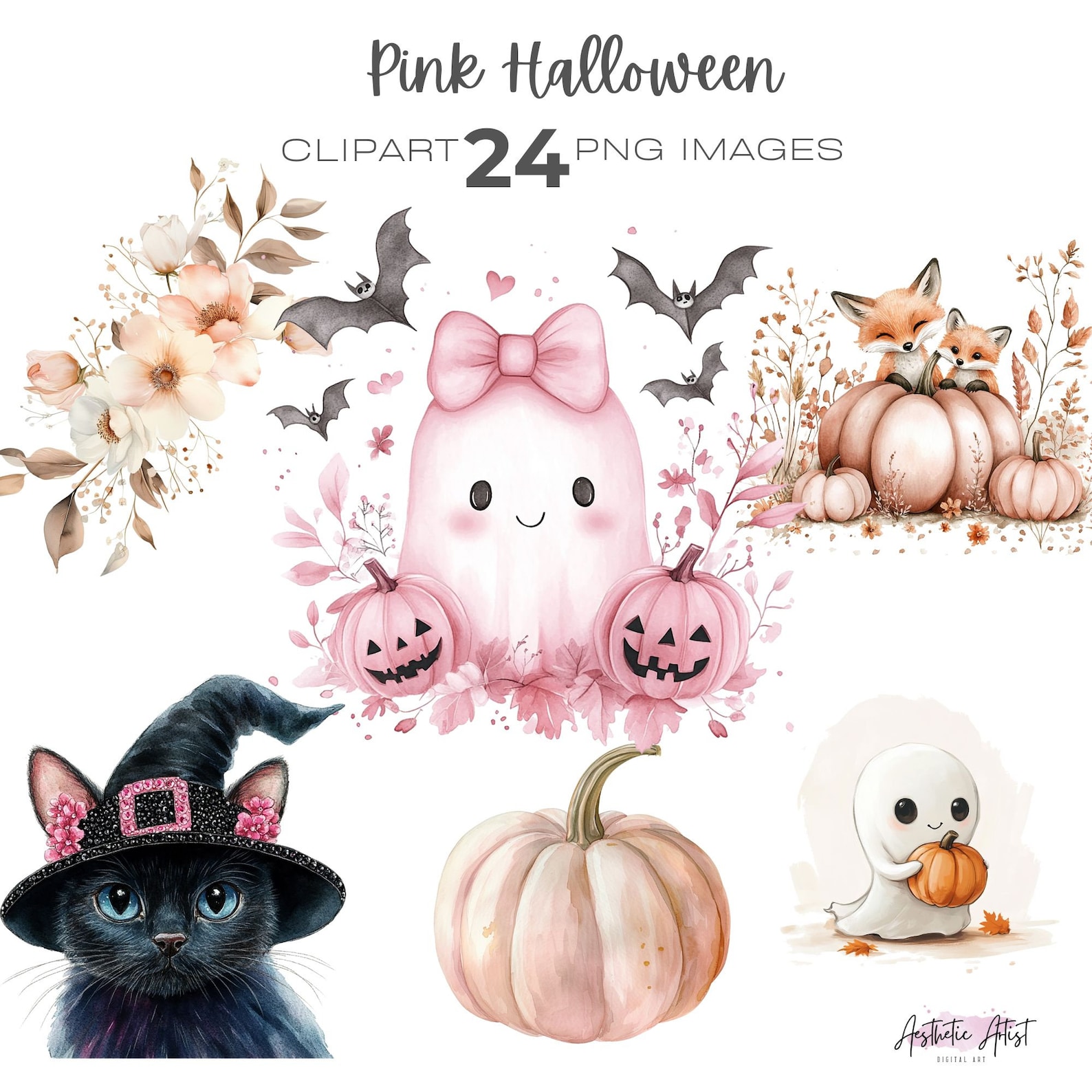 Pink Halloween Clipart, Spooky Png, Pastel Halloween Clip Art, Cute ...
