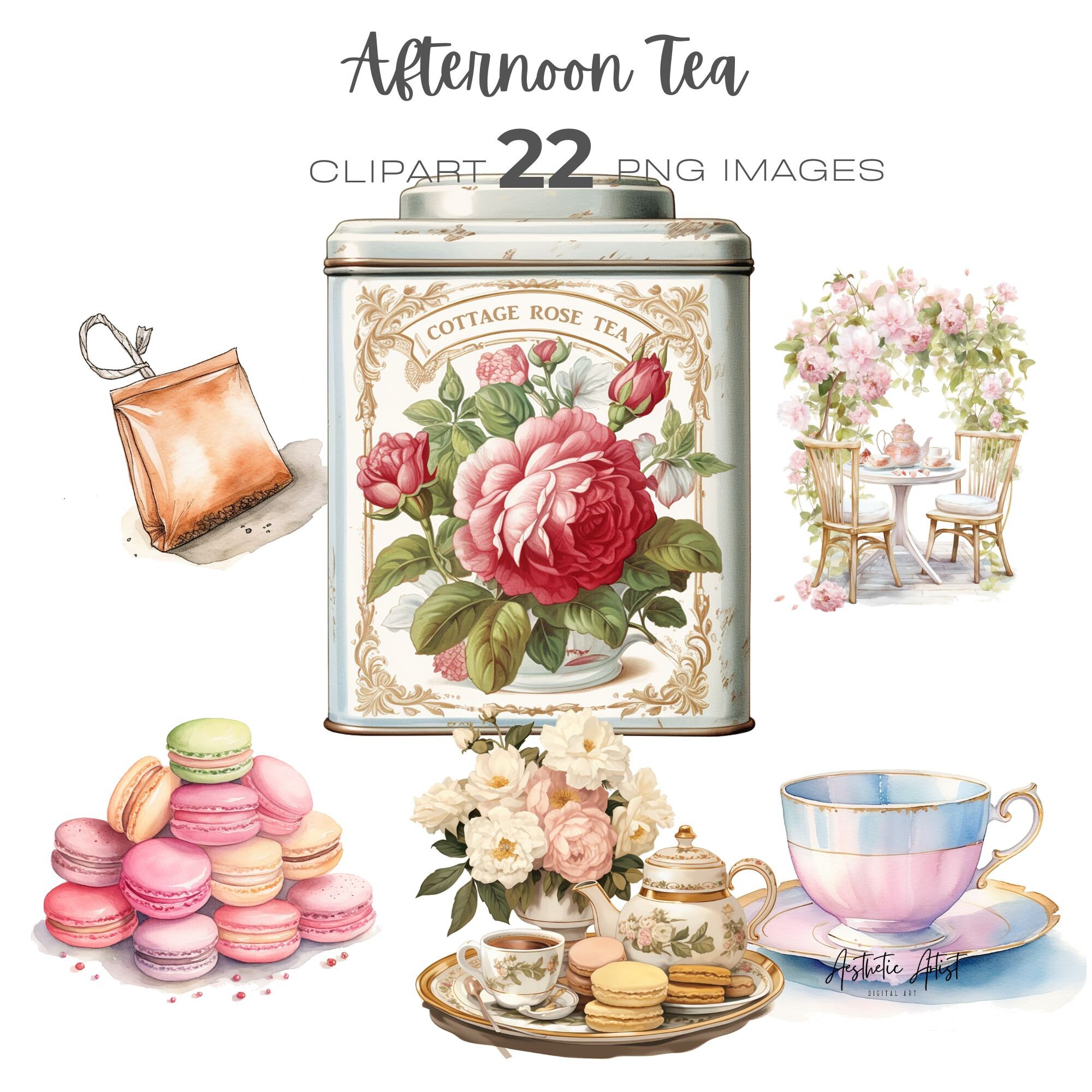 Watercolour Floral Afternoon Tea Clipart Bundle, Cottagecore Tea Party ...