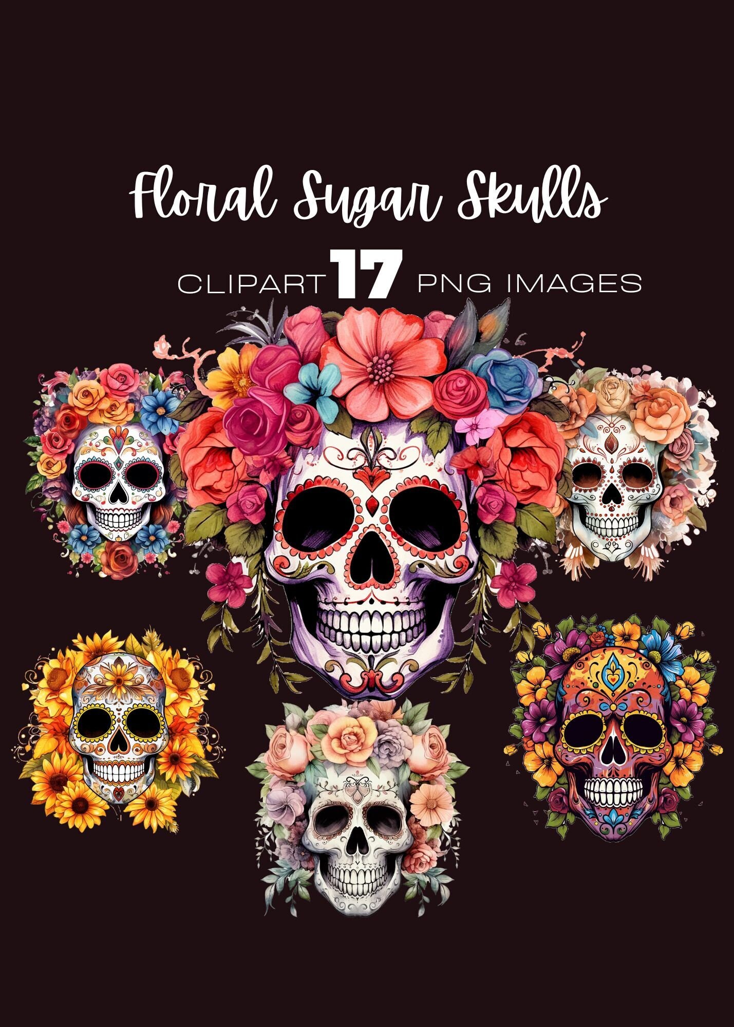 Floral Sugar Skull Clipart, Day of the Dead Png, Dia De Los Muertos ...