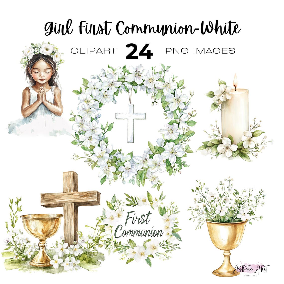 Watercolour Girl First Communion Clipart, Religious, White Floral Png ...